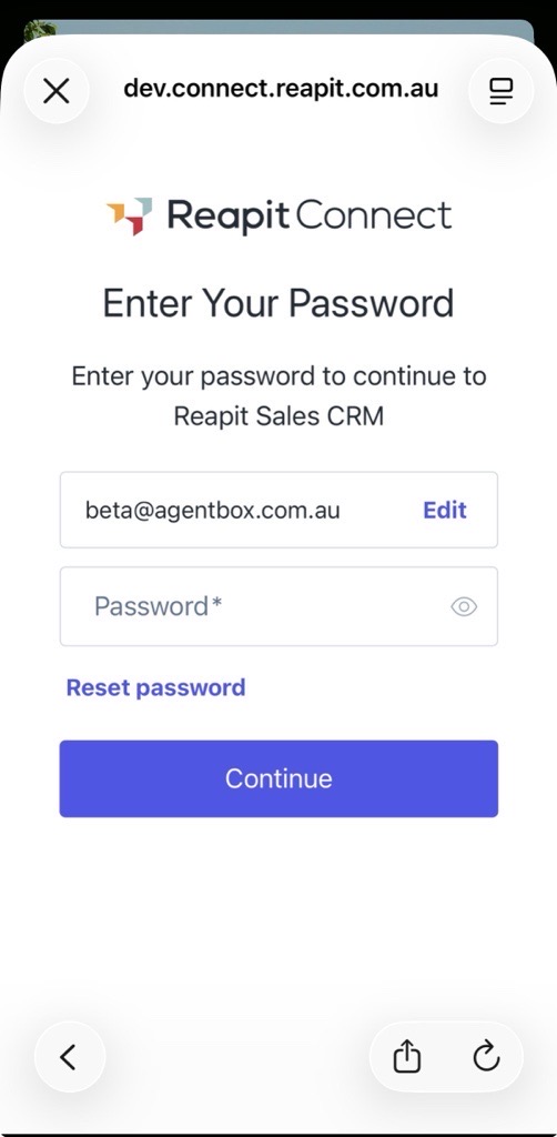 Reapit Sales App Login - First Time Login using Reapit Connect.